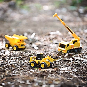 Sunny Days Entertainment Mini Construction Vehicles 3 Pack – Lights and Sounds Pull Back Toy Vehicle | Includes Dump Truck Front End Loader and Crane Truck – Maxx Action