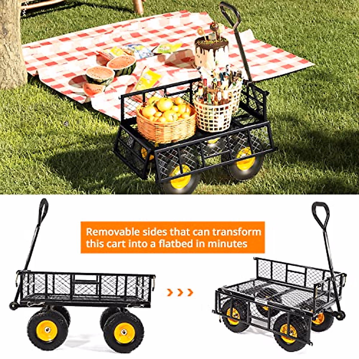 Yardsam Heavy Duty Steel Garden Cart with No-Flat Tires and Liner, 400Lb Capacity Lawn Yard Wagon with Flat-Free Tire Solid Wheels and Removable Sides for Outdoor, Gardening, Farm, Ranch - Black