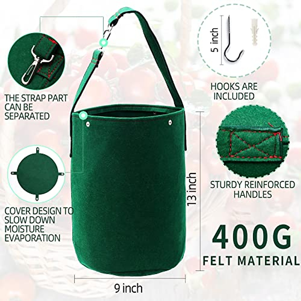 Betereap Upside-Down Tomato Grow Bag - 2-Pack Widen Planting Holes 400G Heavy Duty Easy Installation Durable Hanging Tomato Planter for Small Spaces with Carabiner Clip Design