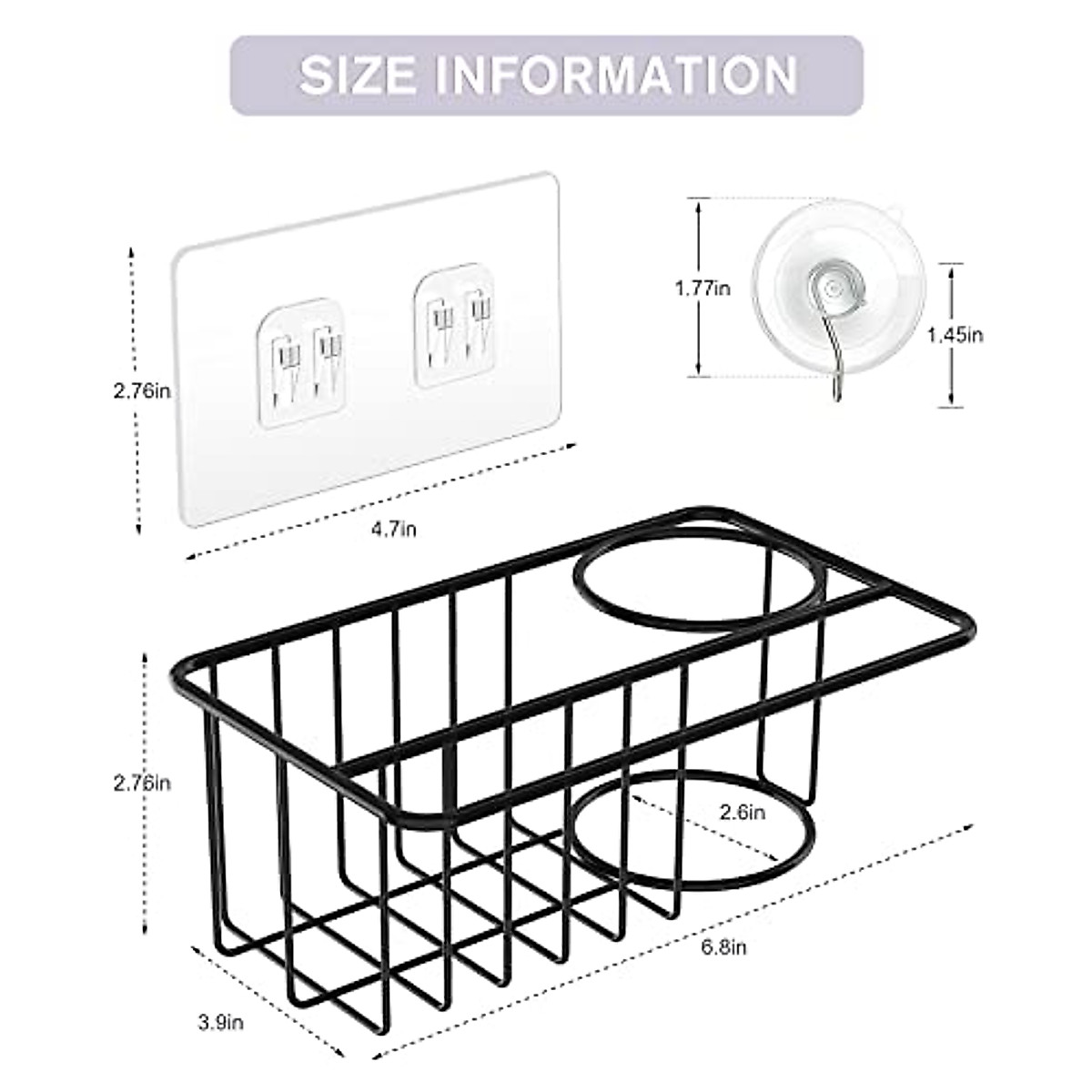 VIS'V 3 in 1 Sink Caddy Sponge Holder, 304 Stainless Steel Adhesive Kitchen Sink Basket Sponge Holder Brush Holder Dishcloth Hanger Kitchen Sink Accessories Organizer Rack with 2 Suction Cups - Black