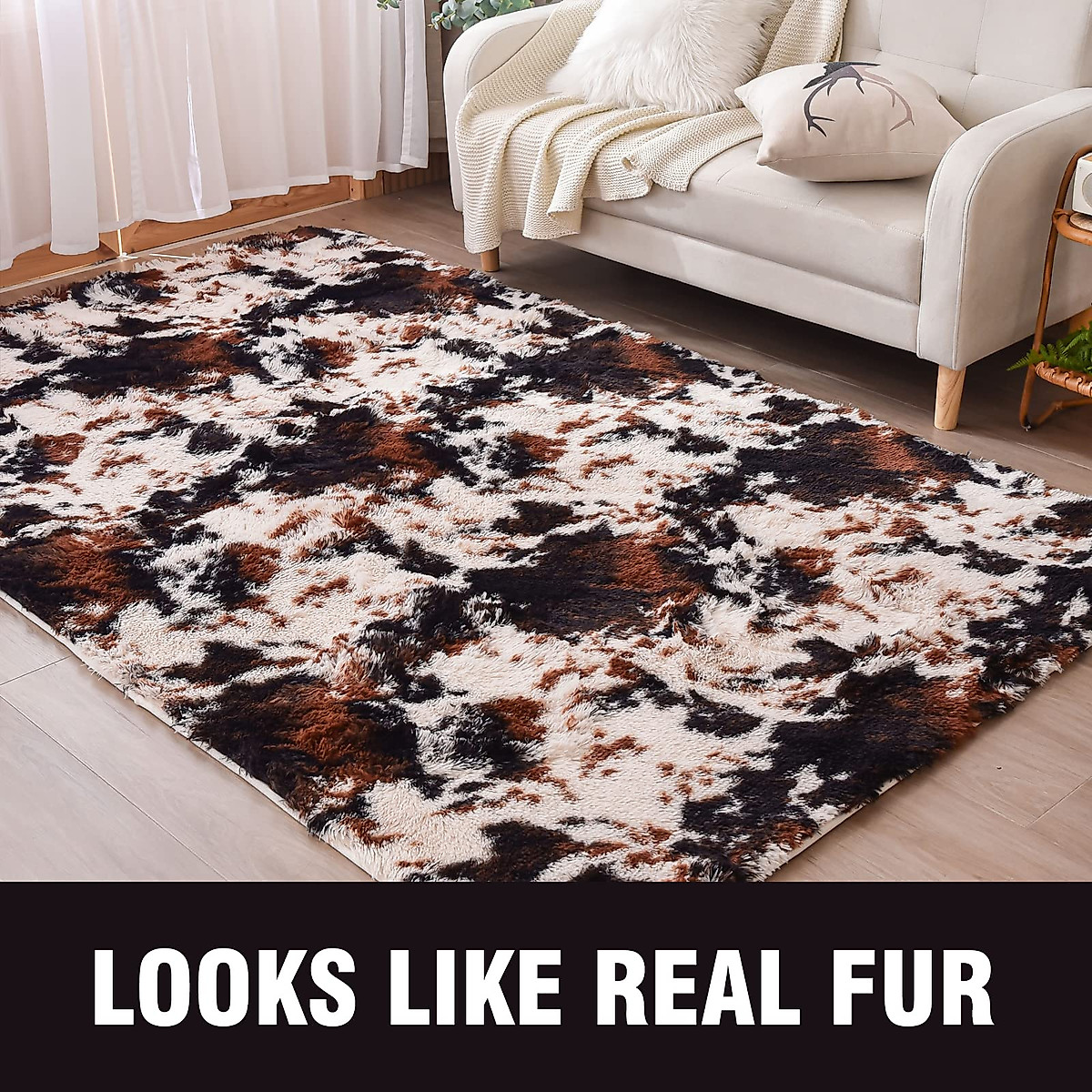 Meeting Story Cow Print Rug Faux Cowhide Rugs Cute Animal Print Carpet Fluffy Shaggy Tie Dye Fuzzy Area Rugs for Living Room Nursery Kids Floor Mat Thick Plush Non-Skid (Coffee-Black, 3 * 5 Feet)