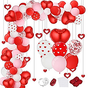 Auihiay 125 PCS Valentine's Day Balloon Arch with 500 Rose Petals, 100 Hanging Heart Garland, Red Heart Balloons, Pink White Red Balloons for Valentine's Day Anniversary Wedding Party Home Decorations
