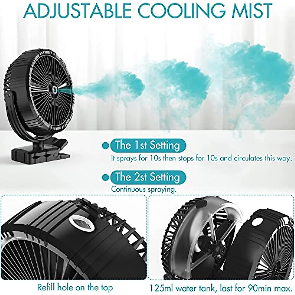 KITWLEMEN 8 Inch Misting Fan with Clip, 10000mAh Rechargeable Battery Powered, Personal Air Cooling Fan, 3 Speeds & 360° Rotatable Spray Fan with Foldable Hook for Home Office Camping Travel Jobsite