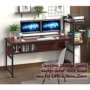 NSdirect 60" Large Computer Desk with 4 Tier Storage Shelves, Office Desk Computer Table Studying Writing Drawing Modern Desk for Home Workstation with Bookshelf and Tower Shelf, Red