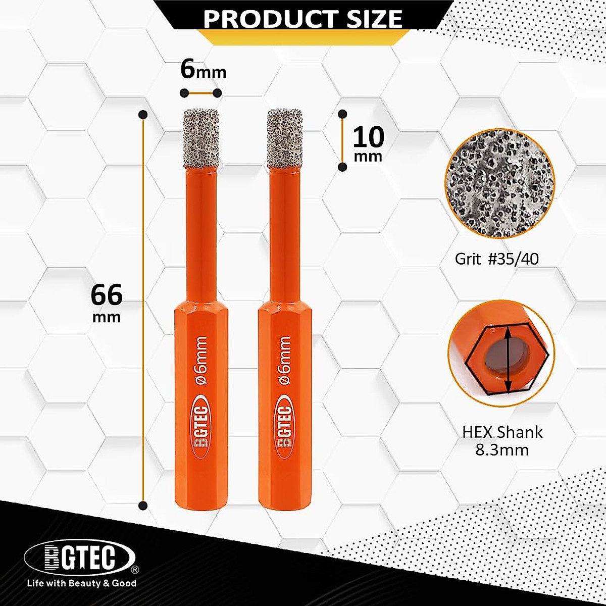 BGTEC Dry Diamond Core Drill Bits 2pcs 1/4" Tile Drill Bits with Hex Shank for Granite Marble Porcelain Tile Ceramic Masonry