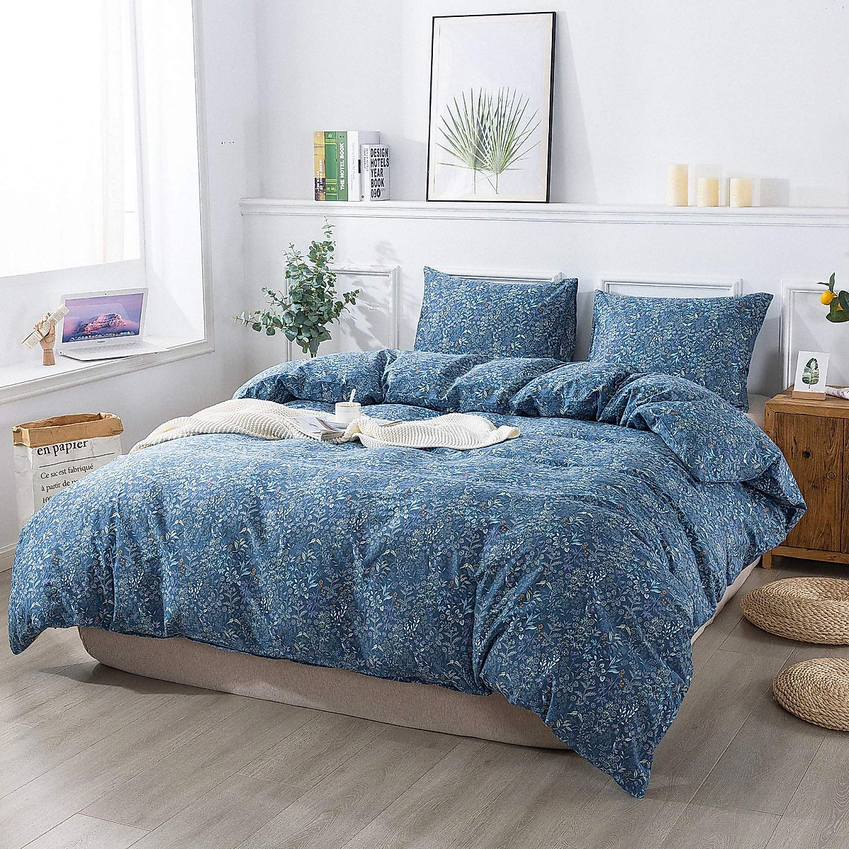 HoneiLife Duvet Cover Set - 100% Cotton Herbs Pattern Comforter , Soft and Breathable Bedding Set with Zipper Closure & Corner Ties, 3pcs(1Duvet Cover+2 Pillow Case)-Blueblack, King