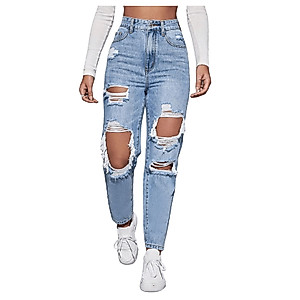 MakeMeChic Women's High Waist Straight Leg Ripped Jeans Distressed Denim Pants Light Wash2 L