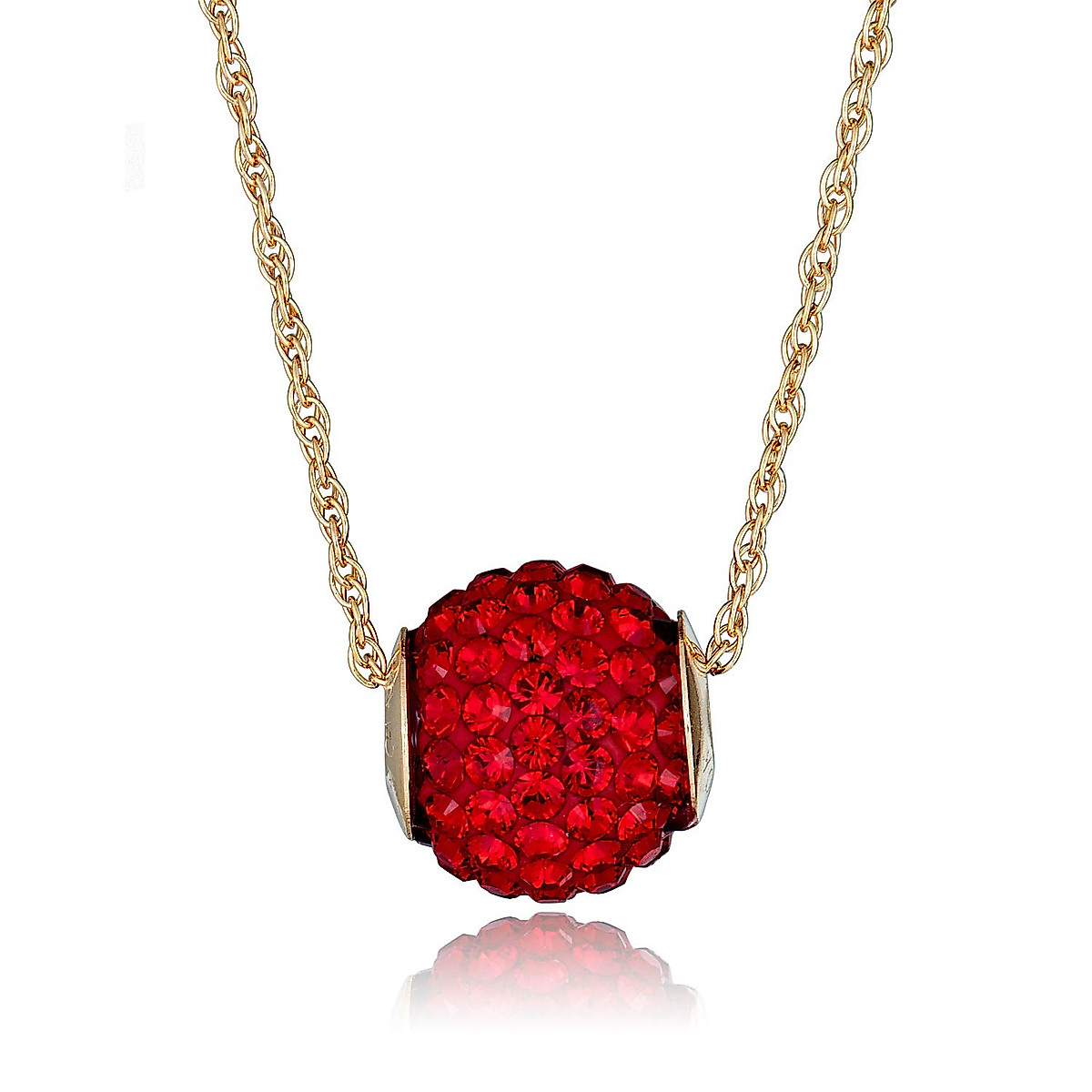AVORA 10K Yellow Gold Swarovski Elements Red Crystal Slide Ball Pendant Necklace with 18" Chain