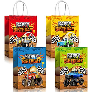 Pajean 28 Pcs Monsters Truck Party Favor Bags Themed Paper Gift Bags Racing Trucks Goody Treat Candy Bags for Monsters Truck Themed Birthday Party Supplies(16 Pcs, Simple)