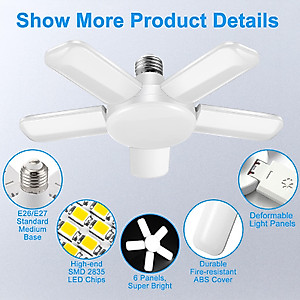 Kofarrten LED Garage Lights, 80W LED Garage Ceiling Lights with 5 Deformable Panels, 8000LM LED Shop Lights for Garage E26/E27 LED Light Bulbs for Garage, Workshop, Warehouse (2 Packs)