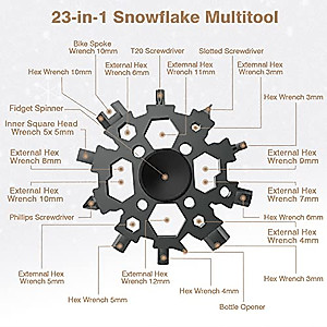 23-in-1 Snowflake Multitool, Roylvan Stainless Steel Snowflake Multi Tool Gadgets Flat Cross Screwdriver Kit Portable Outdoor Camping Bottle Opener Wrench with 2pcs Carabiners, Black