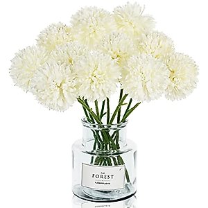 Tinsow 12 Pcs Artificial Flowers Faux Ball Chrysanthemum Bouquet Silk White Flowers Bridal Wedding Bouquet for Home Garden Party Wedding Decoration (White, 12)
