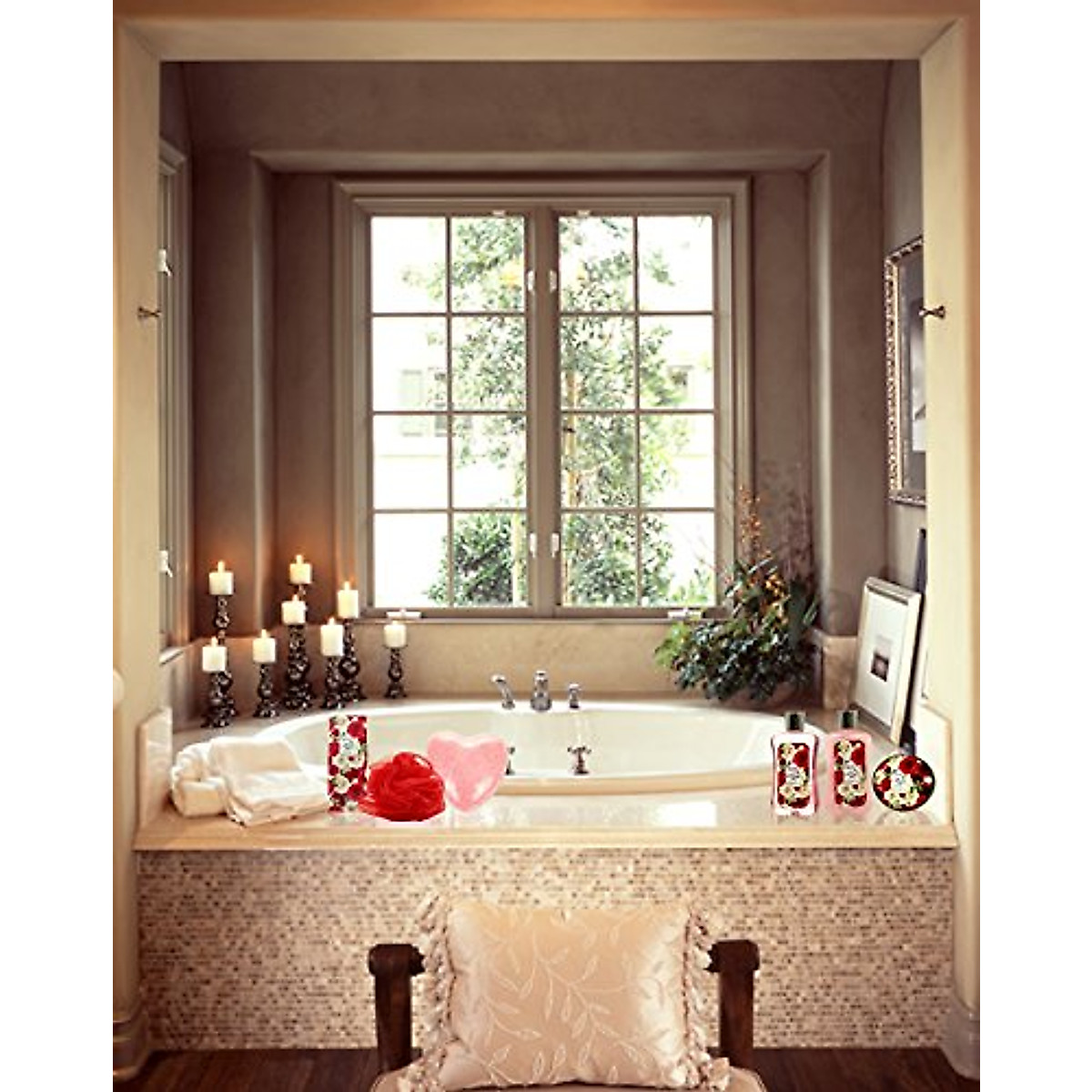 Bath and Body - Spa Gift Baskets for Women & Girls, Spa Kit Birthday Gift Includes Love of Rose Scent Shower Gel, Bubble Bath, Body Lotion, Bath Salt, Red Bath Puff and Heart Bath Bomb