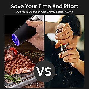 SimCoker Gravity Electric Salt and Pepper Grinder Set, Automatic Salt and Pepper Grinder Set Battery Operated, Adjustable Coarseness with LED Light, One Hand Automatic Operation, Spoon, Black, 2 Pack