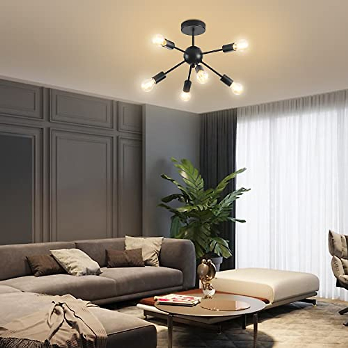 ANWIO Sputnik Chandeliers 6-Light, Semi Flush Mount Vintage Classic Industrial Ceiling Light, Modern Hanging Pendant Lighting for Kitchen Island Dining Room Hallway, Black