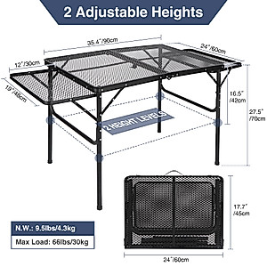REDCAMP 36x24 Folding Grill Table for Outside with 2 Side Tables, Lightweight Portable Metal Aluminum Outdoor Grill Table with Adjustable Height Legs, Great for Camping Picnic Cooking BBQ, Black 3ft