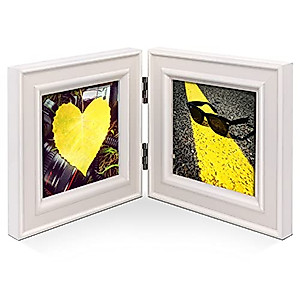 JD Concept Double 4x4 Wood Photo Frame Instagram, Hinged Picture Frames, with Glass Front, Fit for Stands Vertically on Desk Table Top (Window 3.5 x 3.5 Picture, White Color)