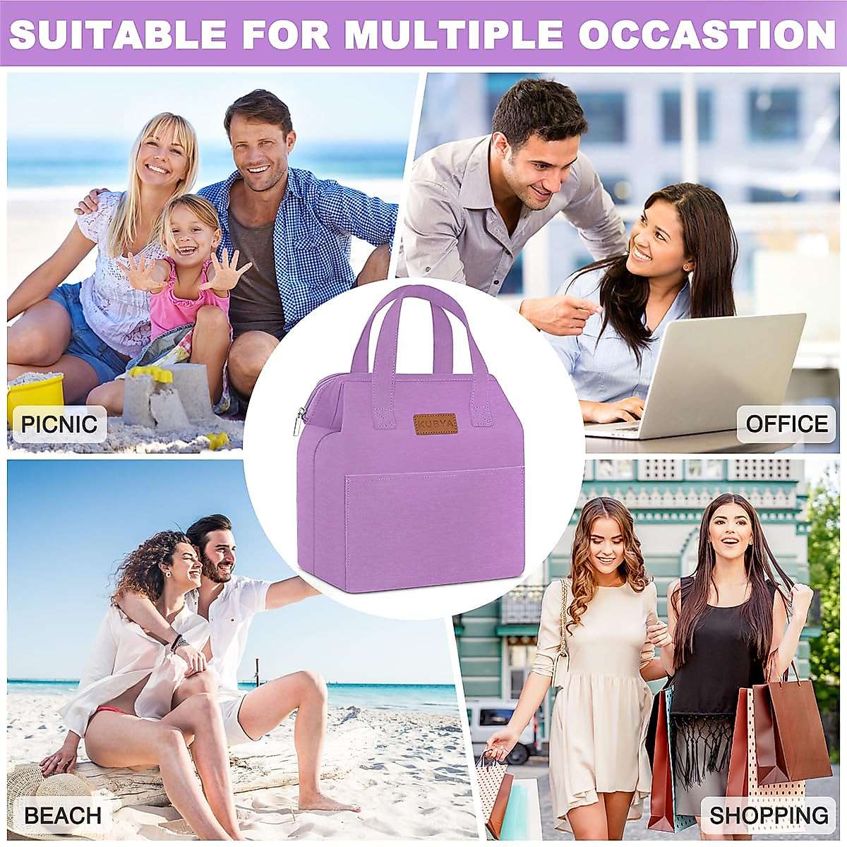 KUBYA Lunch Bag Simple Lunch Box for Women Men Insulated Lunch Bag & 1 Storage bag Simple Reusable Lunch Tote Bag for Work, Picnic Beach or Travel (Purple) LBMHS-04