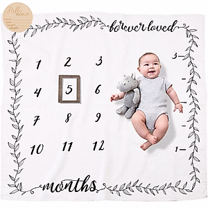 Organic Baby Monthly Milestone Blanket Boy or Girl - Months Blanket with Wood Frame and Newborn Announcement Disc - Growth Chart Milestone Blanket Neutral, 1-12 Month Milestones, 47”x47”