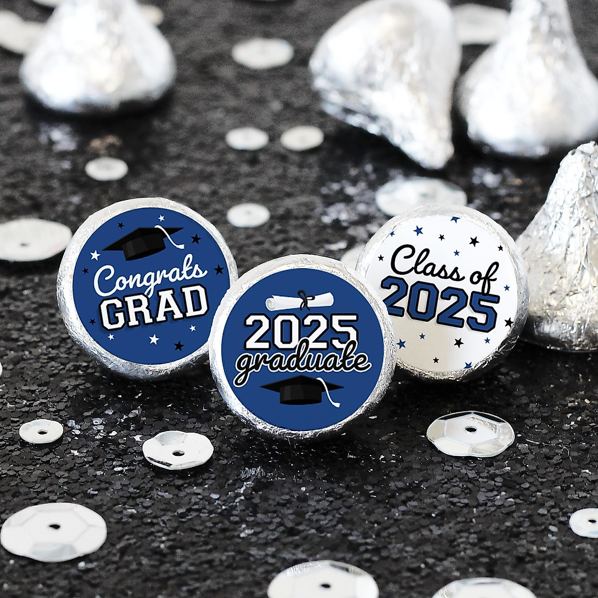 Graduation Party Stickers for Kisses Candy, Chocolate Drops, Grad Party Favors - 180 Count (Blue 2025)