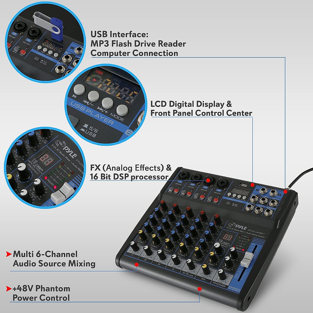 Pyle Professional Audio Mixer Sound Board Console - Desk System Interface with 6 Channel, USB, Bluetooth, Digital MP3 Computer Input, 48V Phantom Power, FX16 Bit DSP- PMXU63BT , Black