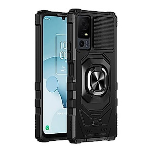 for TCL 40 XL Case/TCL 40 T Case with Screen Protector,TCL 40XL Phone Case Magnetic Car Ring Stand, Frosted PC Back Soft Silicone Bumper Heavy Duty Shockproof Phone Case Cover for TCL 40T/40 XL Black