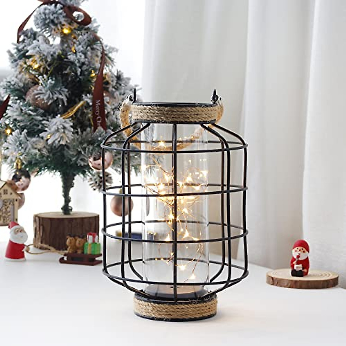 JHY DESIGN Metal Cage LED Lantern Battery Powered,9.4" Tall Cordless Accent Light with 20pcs Fairy Lights Christmas Lights for Weddings Parties Patio Events Indoors Outdoors
