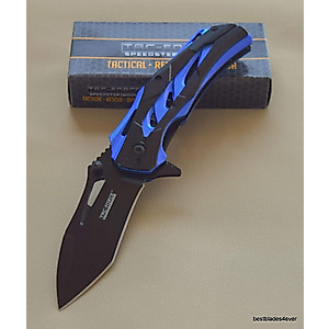 Black And Blue Open Folding Pocket Knife With 7.75 Inch Overall Outdoor Survival Hunting Knife for Camping by Survival Steel