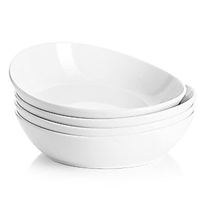 Sweese 135.401 Porcelain Pasta Bowls 28 Ounce- Porcelain Salad Serving Soup Dinner Bowl for Kitchen - Microwave Dishwasher Oven Safe Set of 4, White
