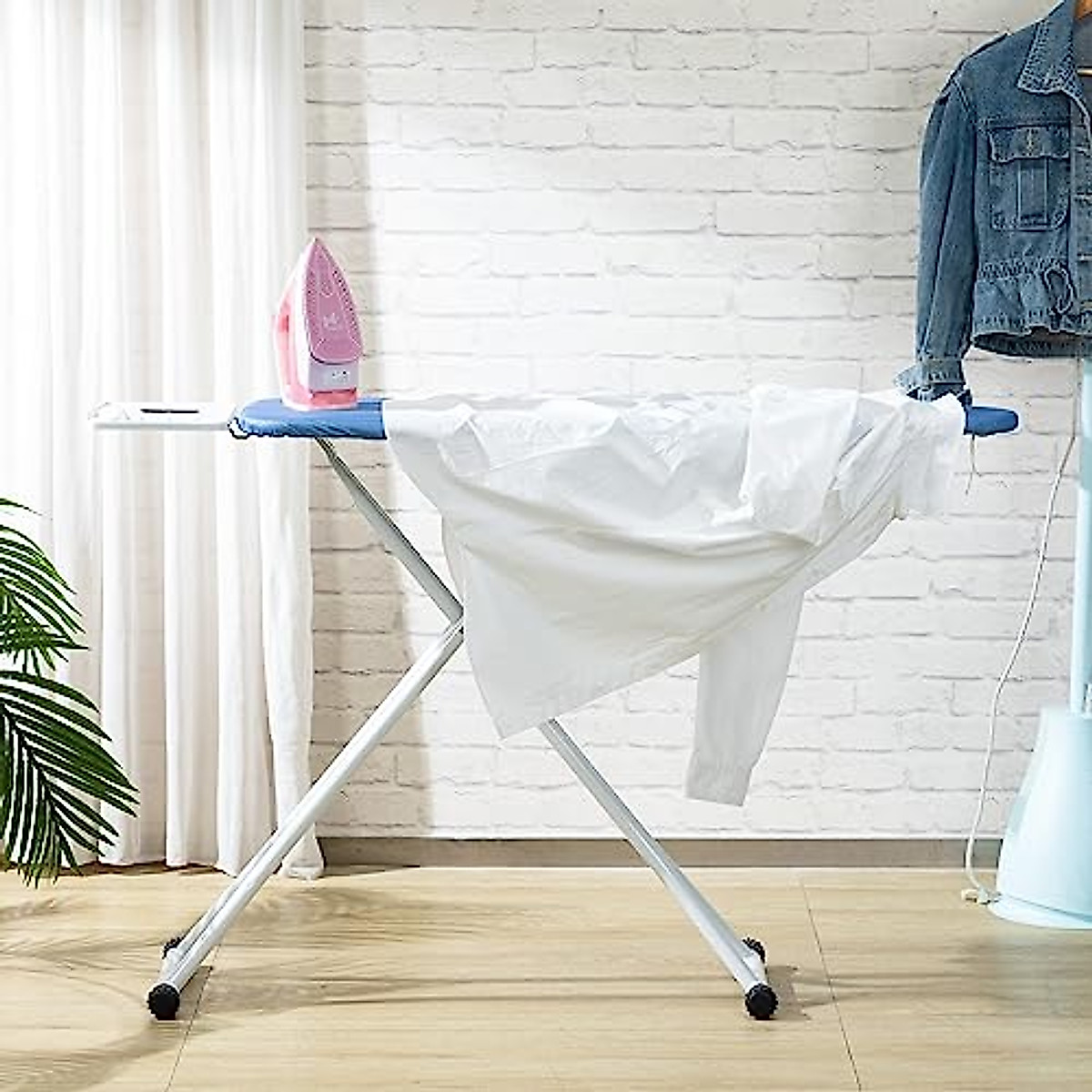 ALIMORDEN Space Saver Ironing Board 43" X 13" with Smart Hanger Adjustable Height 28"-35" Easy Storage, Heat Resistant Silicone Tray, Padded Top Blue
