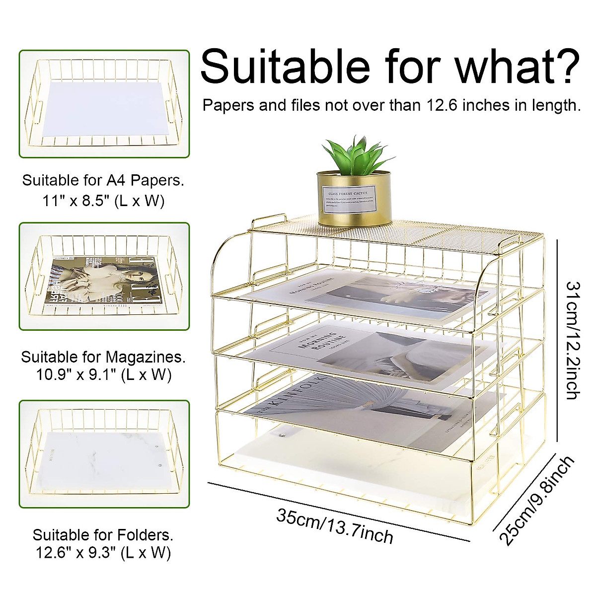 LEORISO 4-Tier Stackable Letter Tray, Gold Desk Organizer, Metal File Organizer Tray, Paper Holder Rack, Desk Accessories for School Home Office Supplies