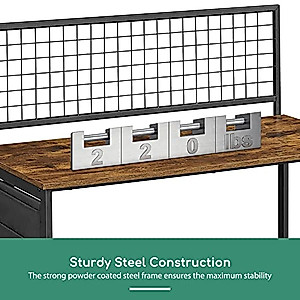 IULULU Computer Desk 47-Inch Home Office Writing Table with Grid Board, Modern Simple Study Workstation, Stable Metal Frame, Easy Assembly, Rustic Brown + Black