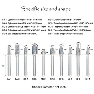 10Pcs Carbide Burrs Set 1/4" Shank, Double Cut Die Grinder Bits, Assorted Solid Tungsten Carbide Rotary Burr Set for Wood Carving Metal Working Polishing Engraving Drilling
