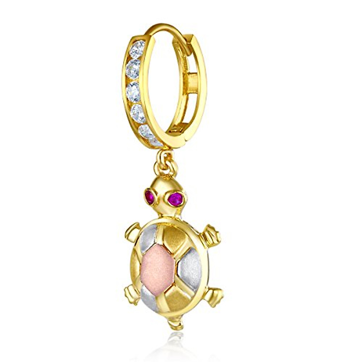 Wellingsale Ladies 14k Tri 3 Color Gold Polished Fancy Huggies Dangle Hanging Drop Turtle Earrings (10 X 33mm)