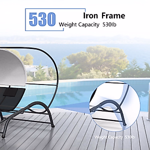 VORTEXTOVE Outdoor Hanging Curved Iron Chaise Lounge Chair for Backyard, Patio, Lawn, with Canopy and Headrest Pillows Iron Stand - Black