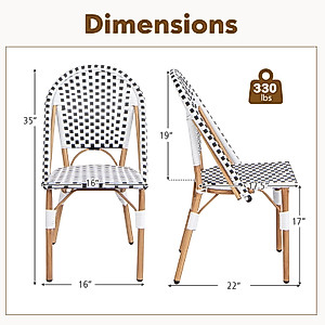Tangkula French Bistro Chair Set of 4, Outdoor Armless Dining Chairs with Hand-Woven Rattan, Accent Chairs with Galvanized Metal Frame for Garden Kitchen Backyard Porch (Black & White)