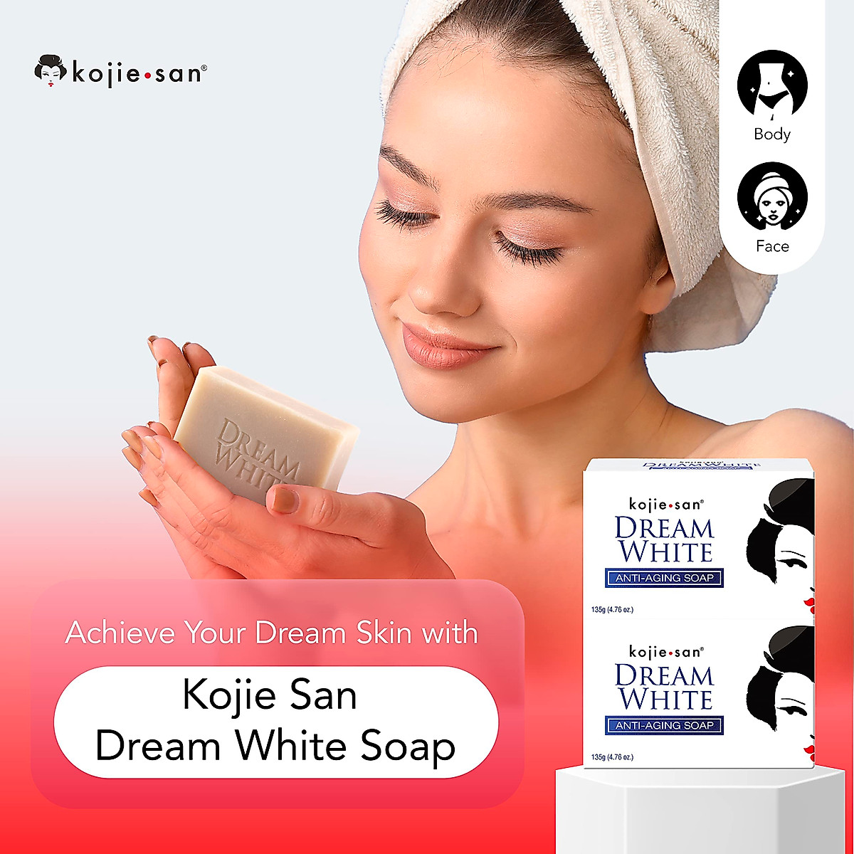 Kojie San Dream White Soap - Skin, Body, and Facial Brightening & Anti Aging Kojic Acid Soap with Collagen, Elastin & Coconut Oil - 65g x 2 Bars