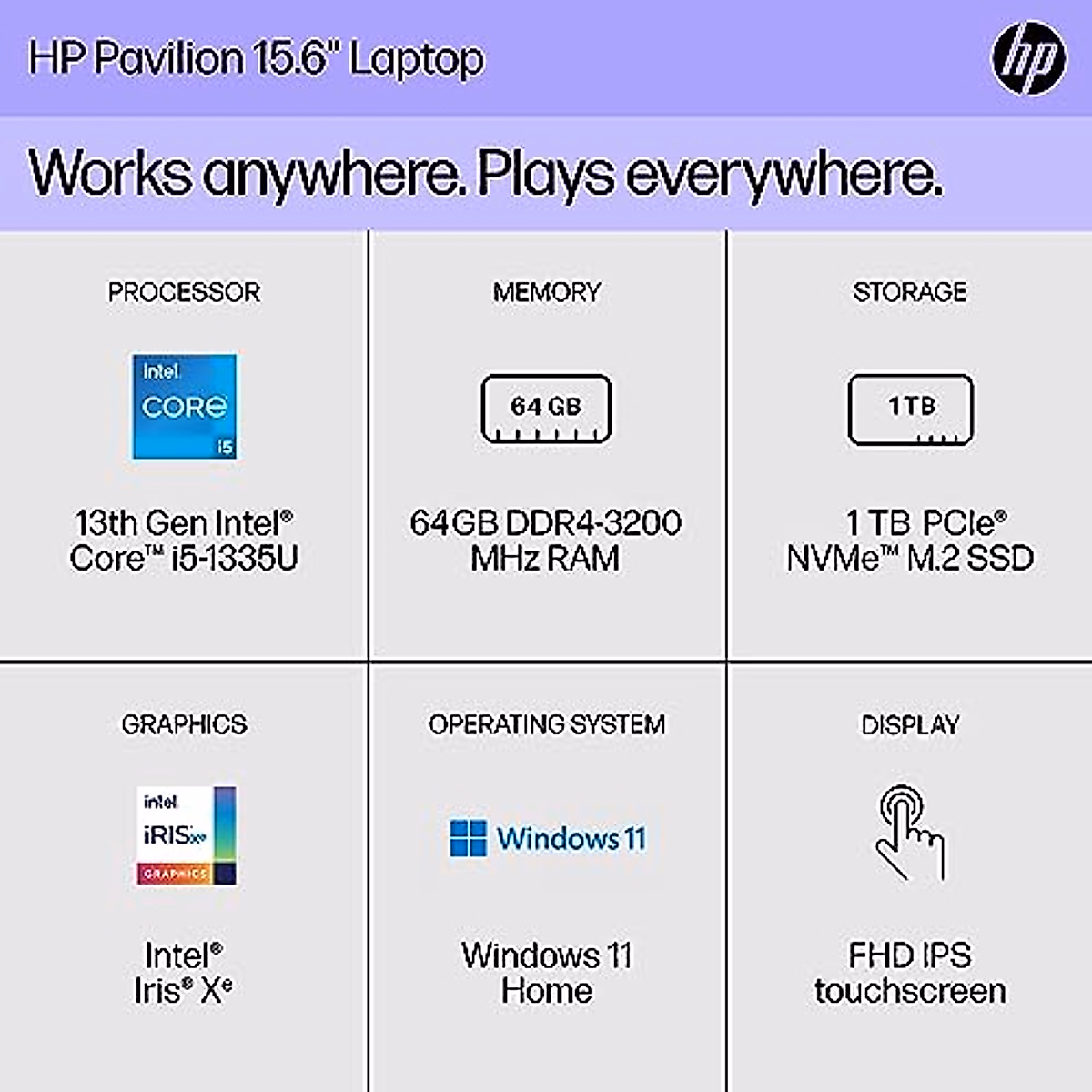 HP Pavilion 15.6" Touchscreen Laptop, FHD IPS Display, 13th Gen Intel Core i5-1335U, 64GB RAM, 1TB SSD, Intel Iris Xe Graphic, Business & Student, Full-Size Backlit Keyboard, WiFi 6, Windows 11Home
