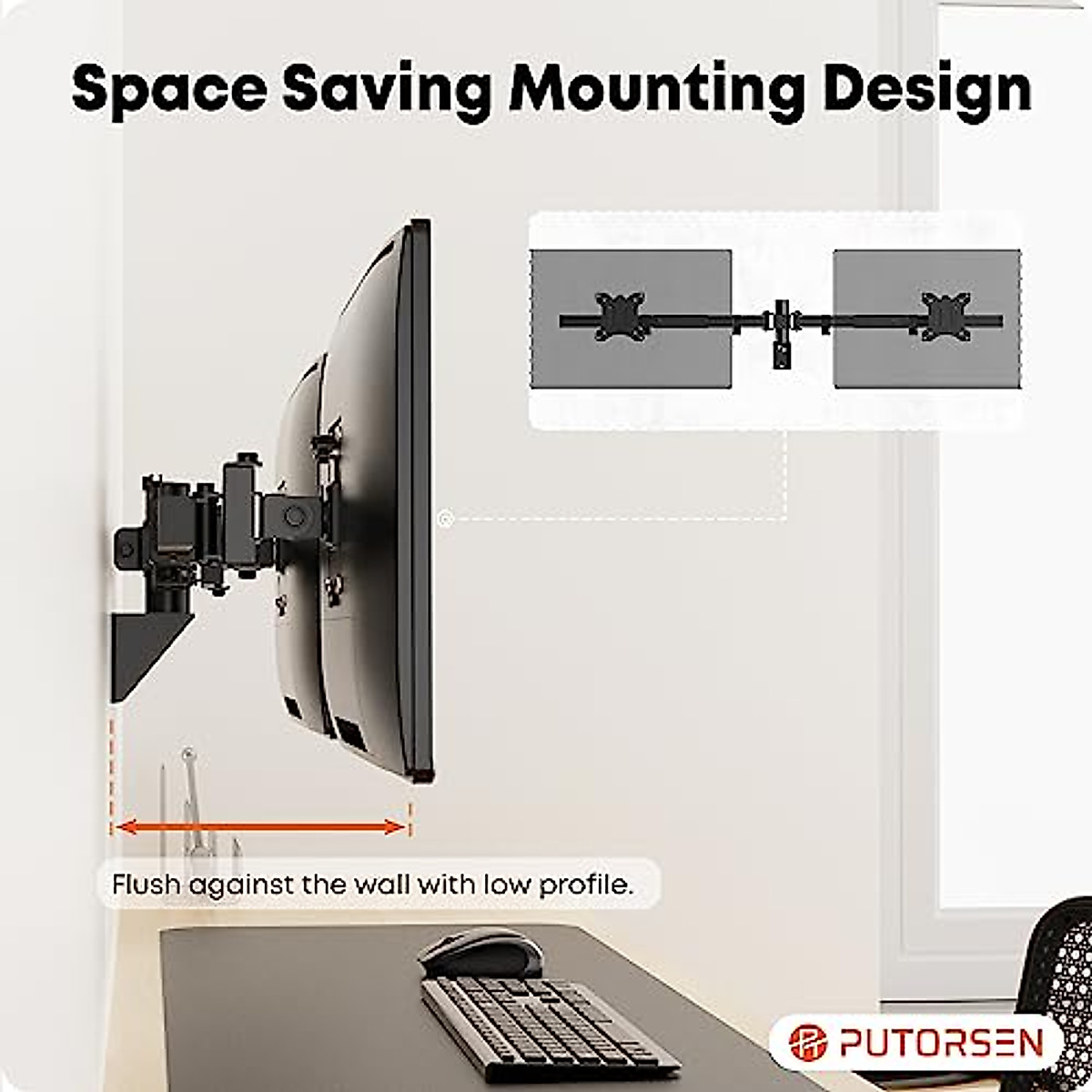 PUTORSEN Ultra Wide 24-38 Inch Dual Monitor Wall Mount, Full Motion Dual Wall Mount Monitor Arm Holds up to 22lbs, Double Computer Monitor Wall Mount for Most LED LCD Screens, VESA 75/100mm, Black