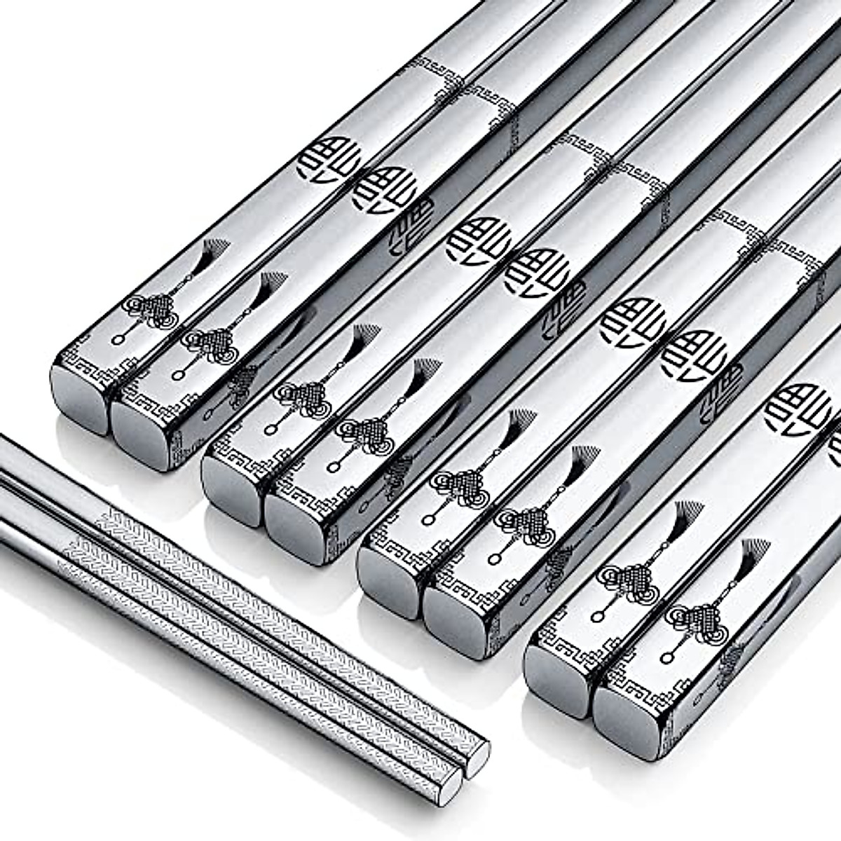 ZDPMK 5 Pairs Metal Chopsticks - Reusable Stainless Steel Chopsticks Laser Engraved Japanese Chinese Korean Chop Sticks with Non-Slip Square Design,Dishwasher Safe