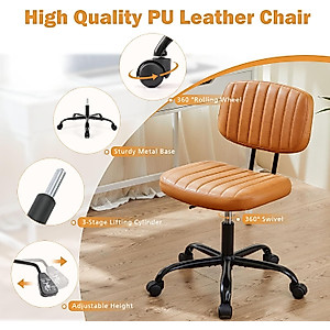 Armless Desk Chair - Small Home Office Chair with Wheels, PU Leather Low Back Task Chair with Lumbar Support, Adjustable Height 360° Rolling Swivel Computer Chair without Arm for Small Space