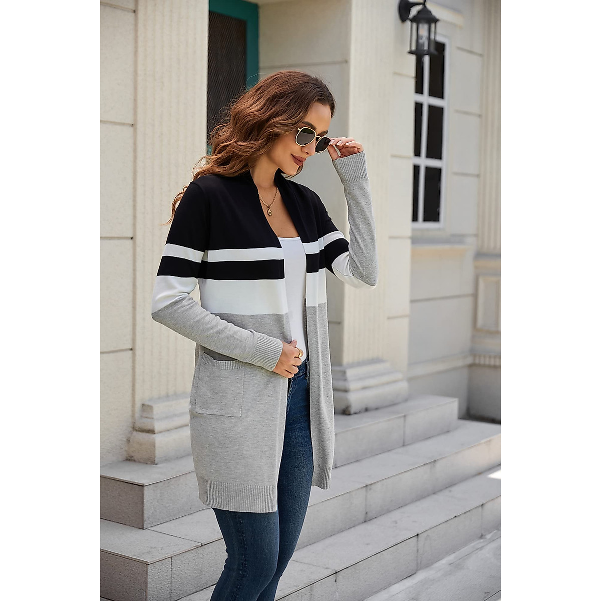 GRACE KARIN Women Cardigans Sweater Color Block Striped Loose Open Front Long Sleeve Cardigan Sweater Outwear Colorblock-14 XL
