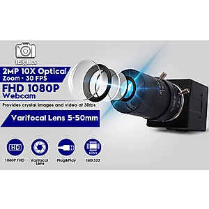 1080P USB Camera with Microphone Manual Zoom 5-50mm Webcam 0.01LUX Low Light Variable Focus PC Camera Zoomable H.264 Mini UVC USB2.0 USB with Camera for Computer Audio Video Close-up Camera