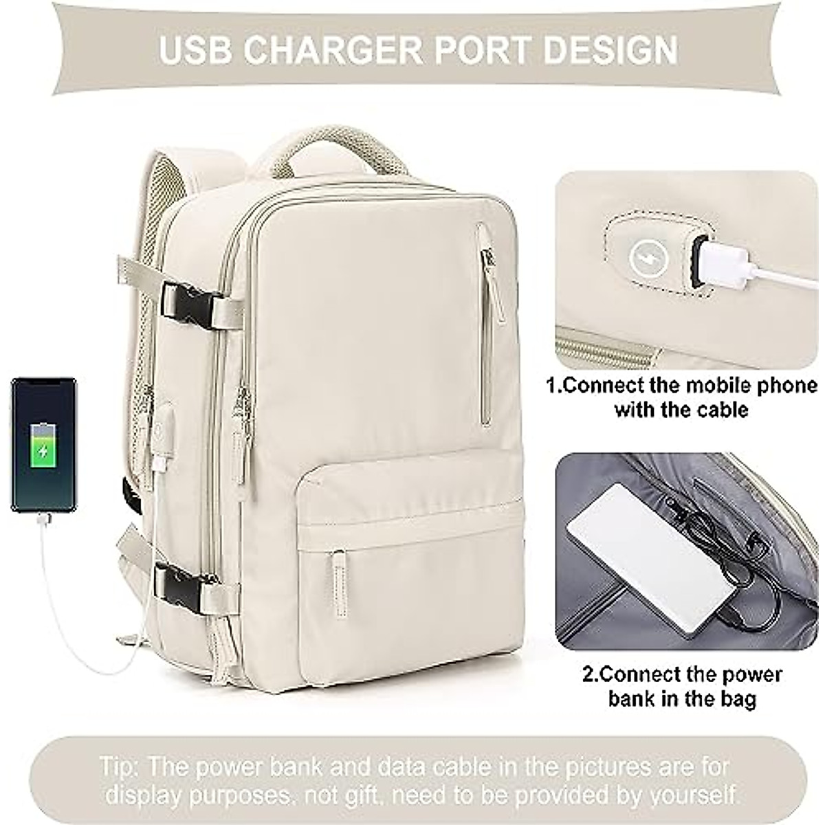 Brabola Travel Backpack, Large Laptop Backpack with USB Charging Port Waterproof College Backpack Hiking Backpack Carry on for Men and Women, Teens, School, Business, Outdoor Sports (Beige)