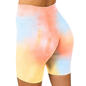 MAXXIM Womens Tie Dye Biker Shorts High Waisted Seamless Scrunch for Gym Workout Yoga Running Orange Sunrise Medium