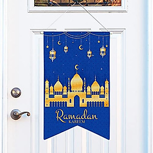 CNhoqc Ramadan Kareem Hanging Banner Welcome Door Sign Eid al-Fitr Moon Stars and Lamps Double-Sided Decorative Flag Islamic Mubarak Banner for Indoor Outdoor Eid Mubarak Party Supplies