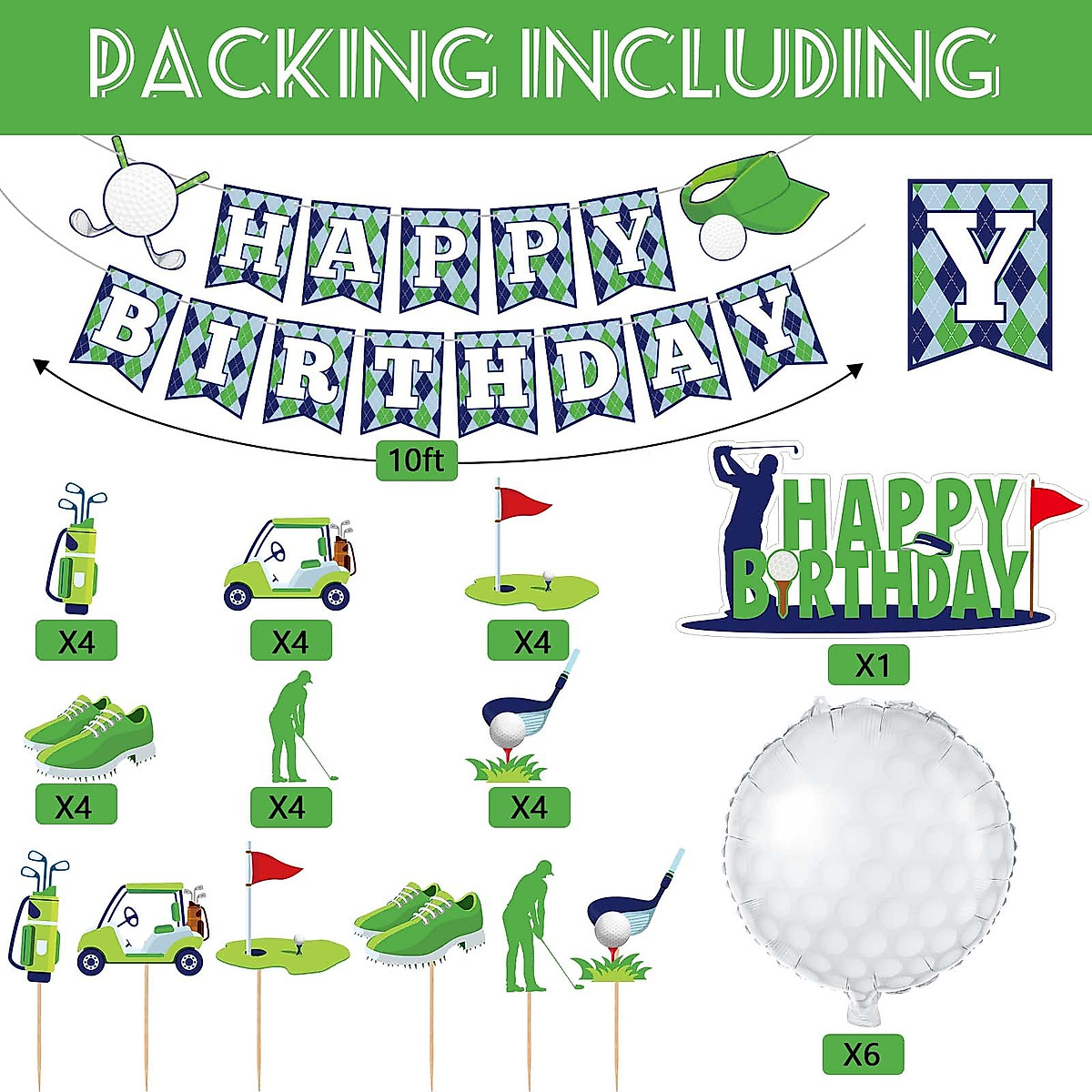 Containlol 32 Pieces Golf Birthday Party Supplies Decor Kits Golf Theme Happy Birthday Banner Golf Themed Cake Toppers Happy Birthday Cake Inserts Golf Aluminum Foil Balloons for Golf Themed Party