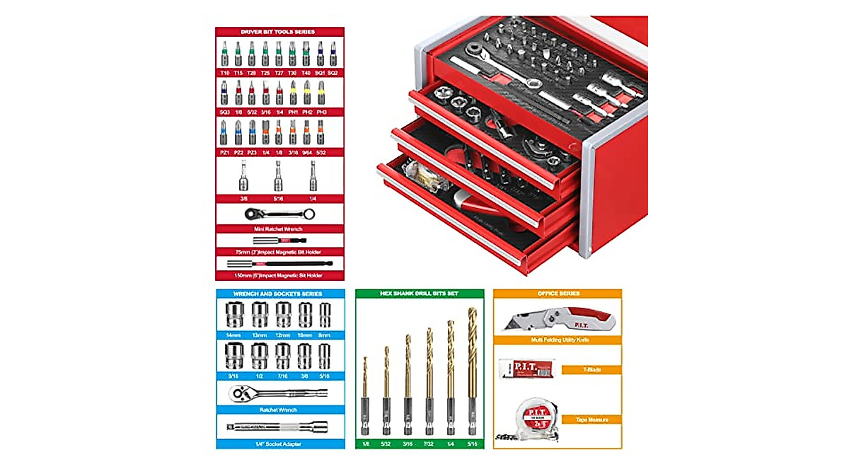 P.I.T. 3 Drawer Steel Tool Box & 61-Piece Set