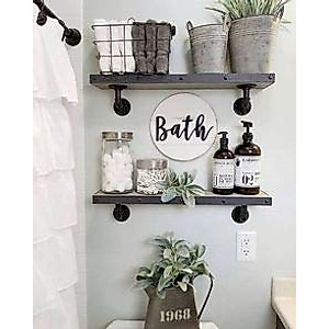 Industrial Wooden Floating Shelves - Wall Decor for Home Kitchen, Bathroom, Bedroom - Rustic Pine Custom Office Organizer with Pipe Brackets - Set of 2 - 1.5" x 7.5" x 36" - Early American