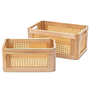 Kishome Rattan Storage Baskets for Shelves, Rectangle Small Baskets for Organizing, Wood Woven Storage Baskets with Handles, Decorative Basket for Books Shelves, Laundry Room, Brown, Set of 2